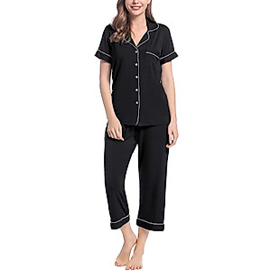 Joyaria Womens Bamboo Viscose Pajamas Set Cooling/Cool Pjs Set Night Sweats Sleepwear Jersey Knit(Black, XL)