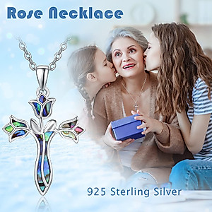 Dreamboat Sterling Silver Cross Necklace for Womens Cross Pendant Tulip Rose Abalone Shell Necklace Confirmation Religious Gifts for Mom Faith Christian Jewelry