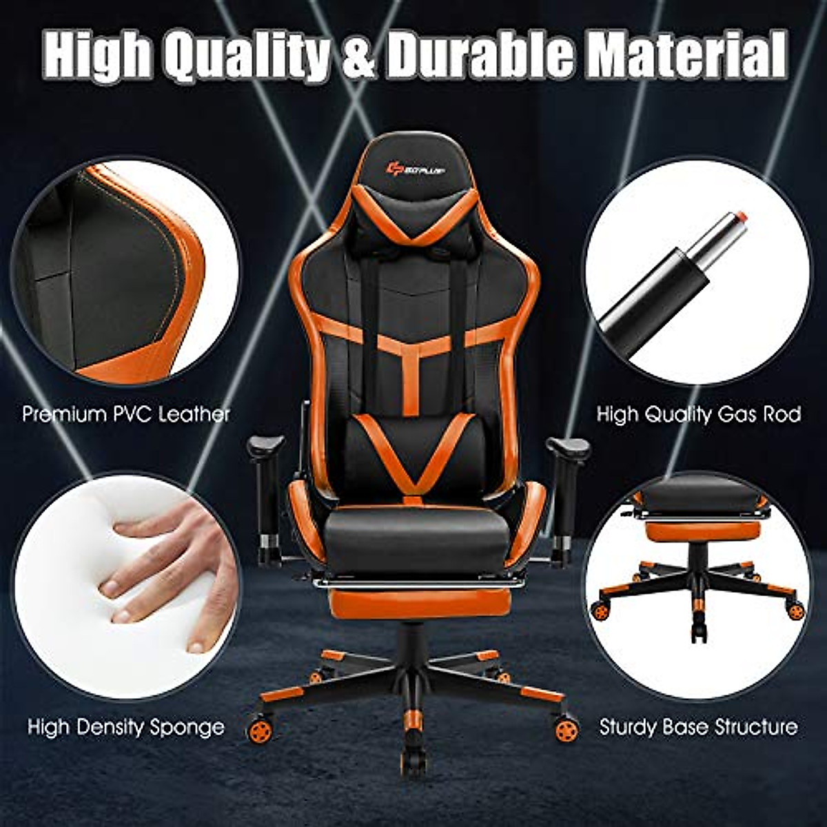 POWERSTONE Gaming Chair, Orange Gaming Chairs Ergonomic Gamer Chair for Adults with Footrest Adjustable Lumbar Support PU Leather High Back Computer Chair Swivel Stool