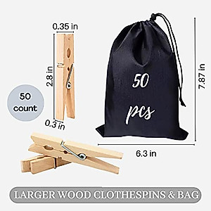 Clothes Pins Wooden Clothespins, 50 PCS 2.9" Natural Birchwood Clothing Pins, Strong Springs Wood Close Pins with Storage Bag, Wooden Clothespins for Laundry, Hanging Clothes, Classroom, Crafts