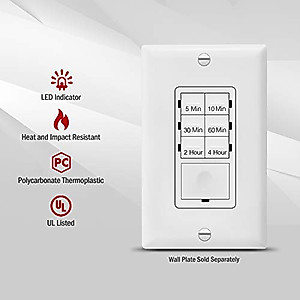 ENERLITES 4-Hour No Neutral Wire Countdown Timer Switch, 5-10-30-60 Min, 2-4 Hour, For Bathroom Fans, Heaters, Lights, LED Indicator, 120VAC 800W, UL Listed, HET06-J-W, White