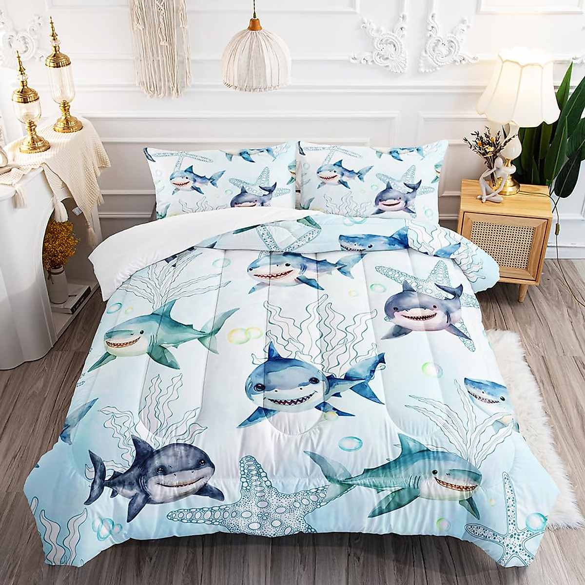 XYNHML Boys Blue Ocean Shark Comforter Set Twin Size Shark Starfish Bedding Sets Seaweed Quilt Bed Set for Kid Girls with 1 Comforter and 2 Pillowcases
