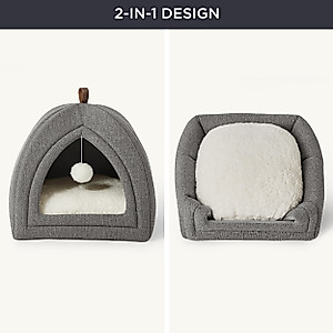 Bedsure Cat Beds for Indoor Cats - 2 in 1 Cat Cave for Kittens and Small Pets, Foldable Cat House Tent with Removable Washable Cushioned Pillow, Cat Hideaway with Non-Slip Bottom, Grey, 16 inches