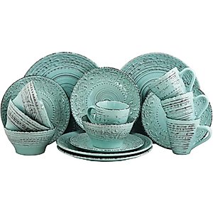IHIPPO Round Dinnerware Sets Kitchen Utensils Set Embossed Stoneware Ocean Dinnerware Dish Set 16 Piece Turquoise Plates Stoneware Collection for Food Microwave and Dishwasher Safe Plates