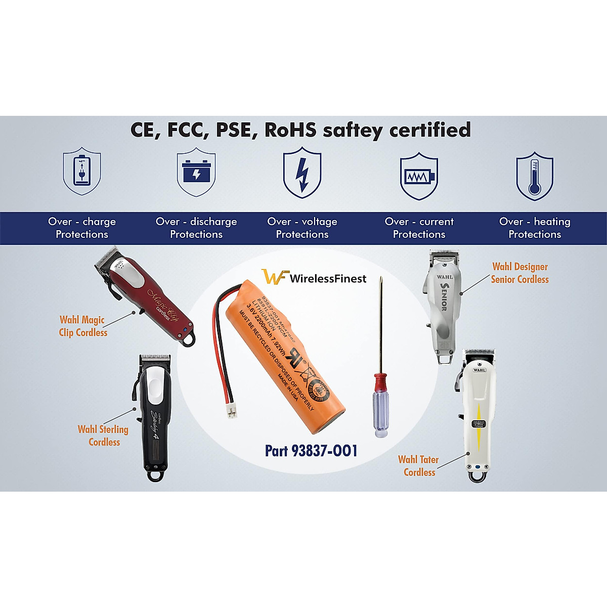 WirelessFinest Battery Replacement for Wahl Magic Clip Clipper Hair Cordless Designer Senior Sterling-4 Beretto Super Taper Part 93837-OO1 + Tool Repair Fix Dead Power Issue