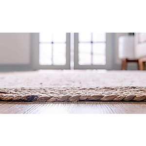 Unique Loom Braided Jute Collection Classic Quality Made Natural Hand Woven with Solid Color Detail, Area Rug, Rectangular 5' 0" x 8' 0", White/Beige