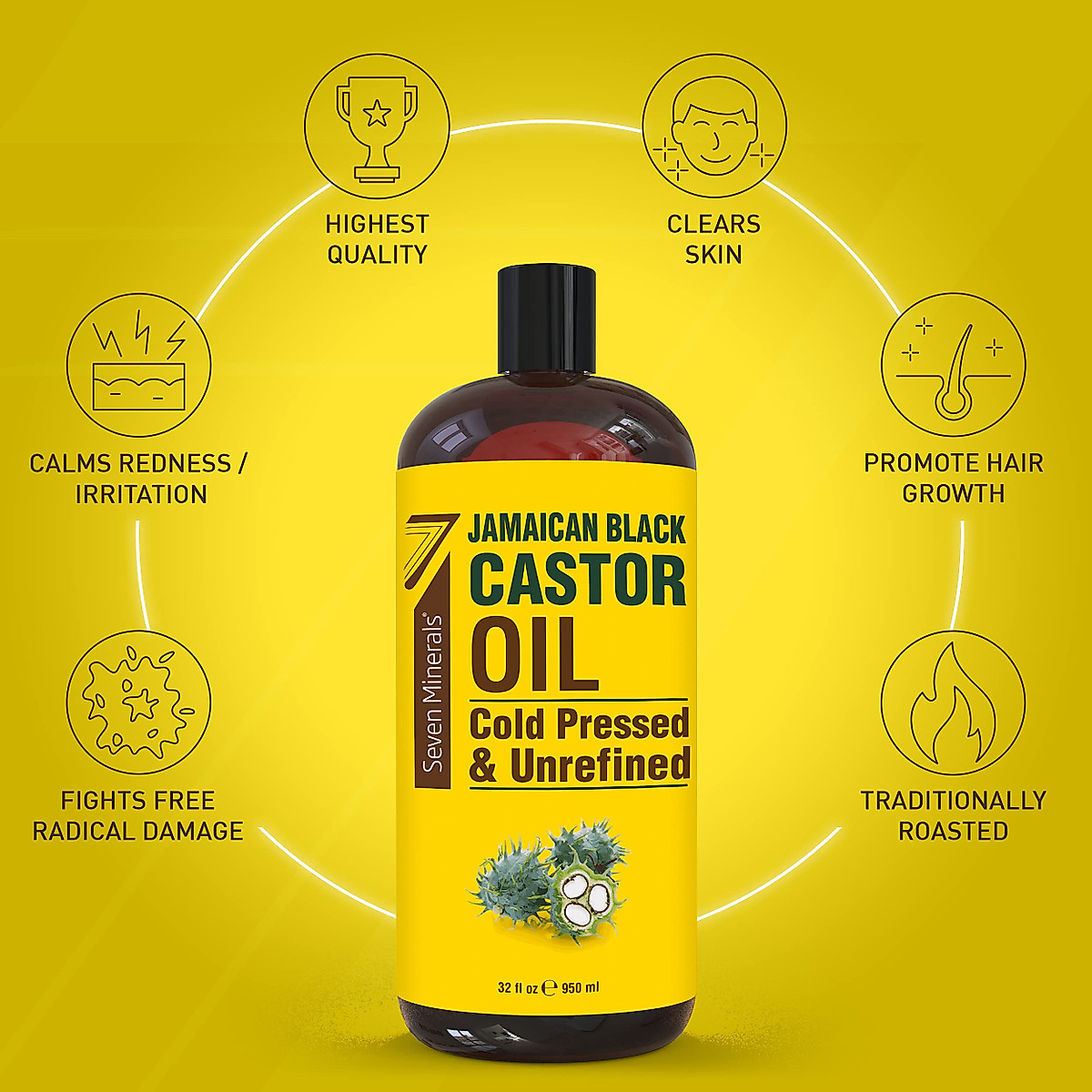 Seven Minerals, Pure Jamaican Black Castor Oil - Big 32 fl oz Bottle - Unrefined & Hexane Free - for Hair Growth, Thicker Eyelashes & Eyebrows, Dry Skin, Healing, Hair Care