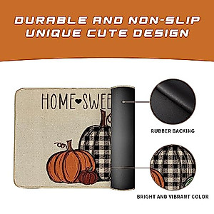 GEEORY Fall Kitchen Mats, Set of 2 Pumpkins Buffalo Plaid Check Floor Mat Farmhouse Party Seasonal Holiday Decorations 17x29 and 17x47 Inch (Black and White) GK067