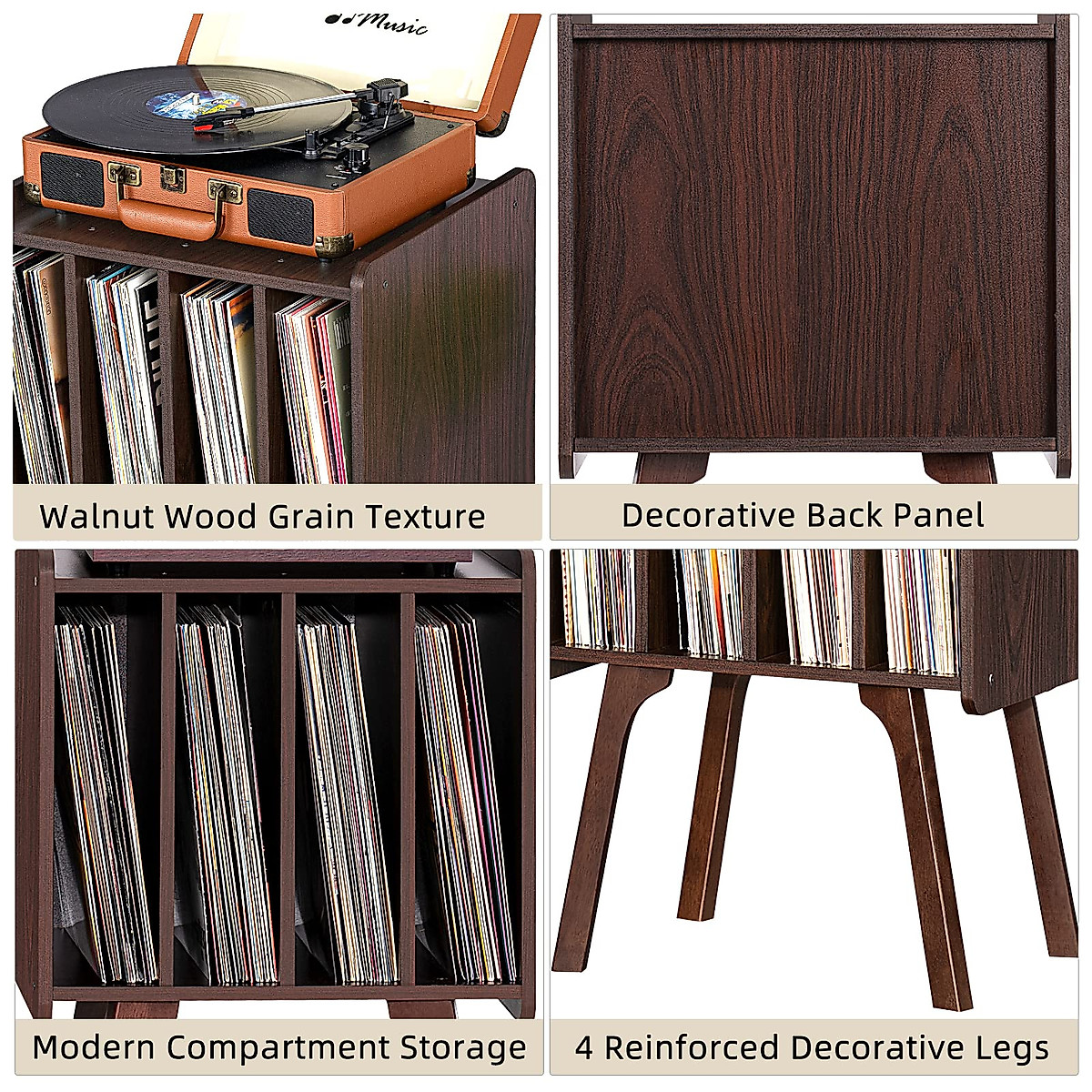 LELELINKY Record Player Stand, Walnut Vinyl Record Storage Table with 4 Cabinet Up to 100 Albums,Mid-Century Modern Turntable Stand with Wood Legs,Vinyl Holder Display Shelf for Bedroom Living Room