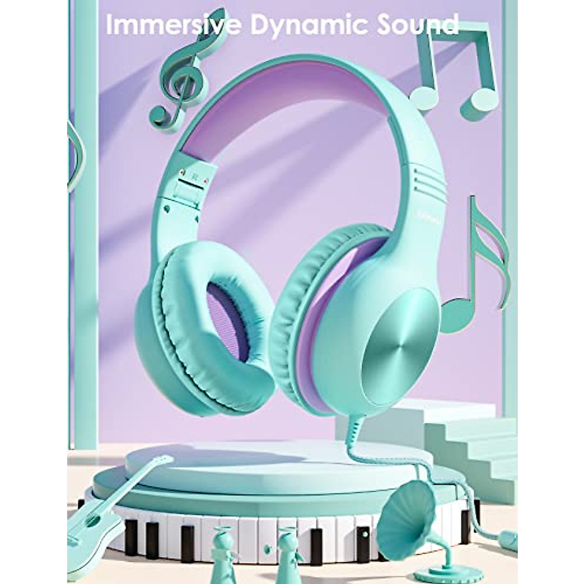 Kids Headphones with Microphone, Over-Ear Headphones for Kids with Sharing Function, 85dB/94dB Safe Volume Limit, HD Sound, Headset for On-line Study, School, Travel, Headphone for Children [Green]