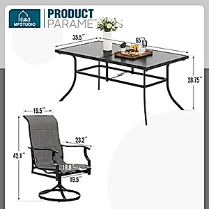 MFSTUDIO 7 Pieces Patio Dining Sets,Outdoor Furniture Set Including 1x 65 Rectangle Table and 6 High Back Sling Padded Swivel Chairs Metal Dining Set for Backyard,Garden,Deck