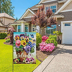 Hzppyz Welcome Spring Pansy Floral Garden Flag Double Sided, Flower Pot Arrangement Decorative House Yard Lawn Outdoor Small Decor, Summer Holiday Butterfly Farmhouse Home Outside Decorations 12 x 18