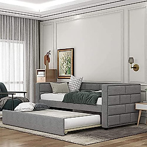 Harper & Bright Designs Daybed with Trundle Bed, Upholstered Twin Daybed Frame with Padded Back,Sofa Bed Wood DayBed Frame, No Box Spring Needed (Gray)