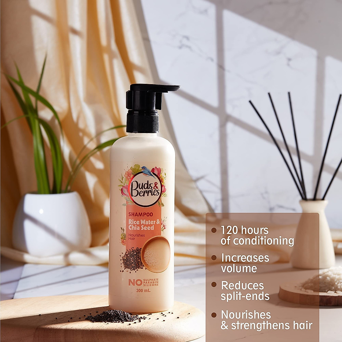 Buds & Berries Rice water & Chia Seeds Nourishment Shampoo for Strong & Healthy Hair, NO Sulphate, NO Paraben, 300 ml