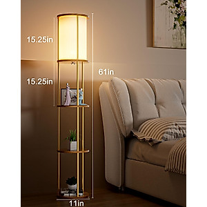 Floor Lamp with Big Shelves,3-Tier Golden Cylinder Shelf Floor Lamps with 3000K Warm Soft Brightness E26 LED Bulb (Included), Linen Shade Storage Wood Texture Modern Floor Lamp with Foot switch