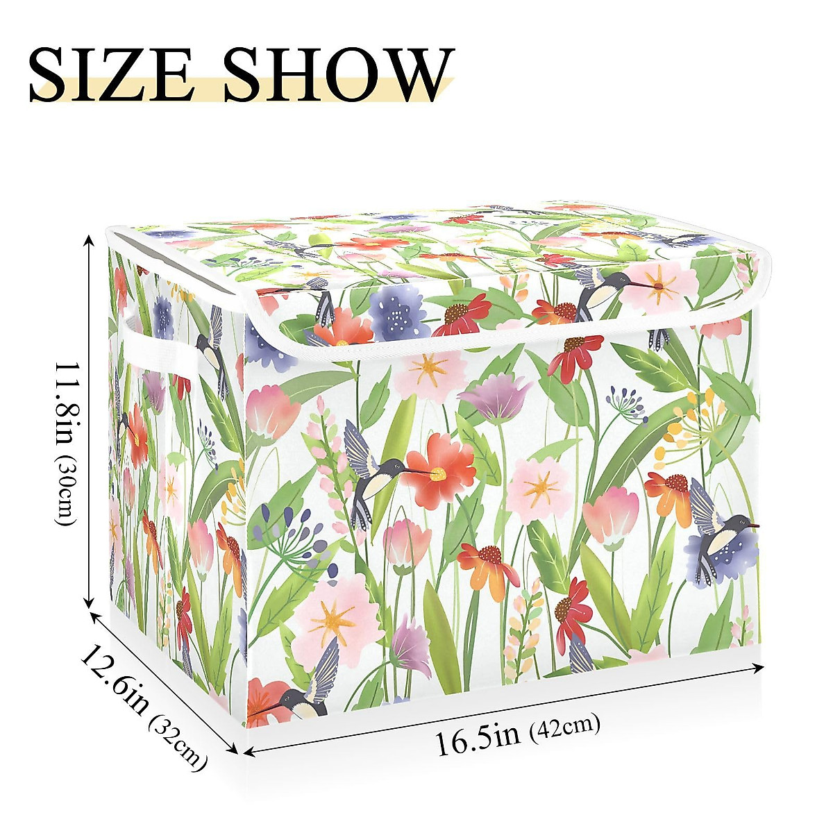 VIGTRO Large Collapsible Storage Bins with Lids Spring Cute Hummingbird, Red Wild Flowers Storage Baskets Organizer Containers with Handles for Home Bedroom Office