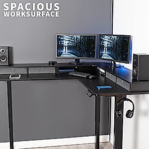 VIVO Electric 2-Tier Height Adjustable 63 x 55 inch Stand Up Corner Desk, L-Shaped Mobile Table with Memory Controller, Black 3-Part Table Top, Black Frame, Dark Gray Storage Drawers, DESK-E3CVB