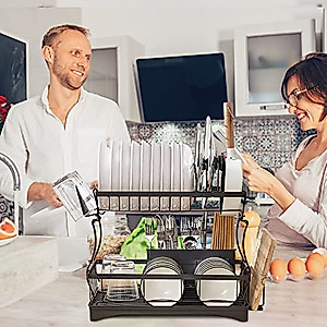 Large Dish Drying Rack with Drainboard Set, 2 Tiers Detachable Dish Racks for Kitchen Counter with Adjustable Swivel Drainage, Dish Drainer Dishwasher Rack with Cup Holders, Dish Drying Mat