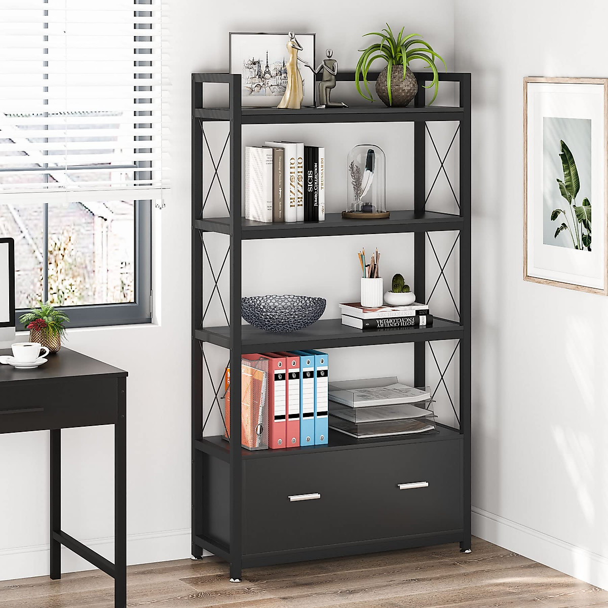 File Cabinet with Drawer, Vertical Lateral Filing Cabinet, Free Standing Storage Cabinet, Letter Size/A4 Size File Cabinet with Storage Shelves for Home Office, Black