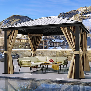 YITAHOME 10x12ft Hardtop Gazebo with Nettings and Curtains, Heavy Duty Galvanized Steel Outdoor Vertical Stripes Roof for Patio, Backyard, Deck, Lawns, Brown