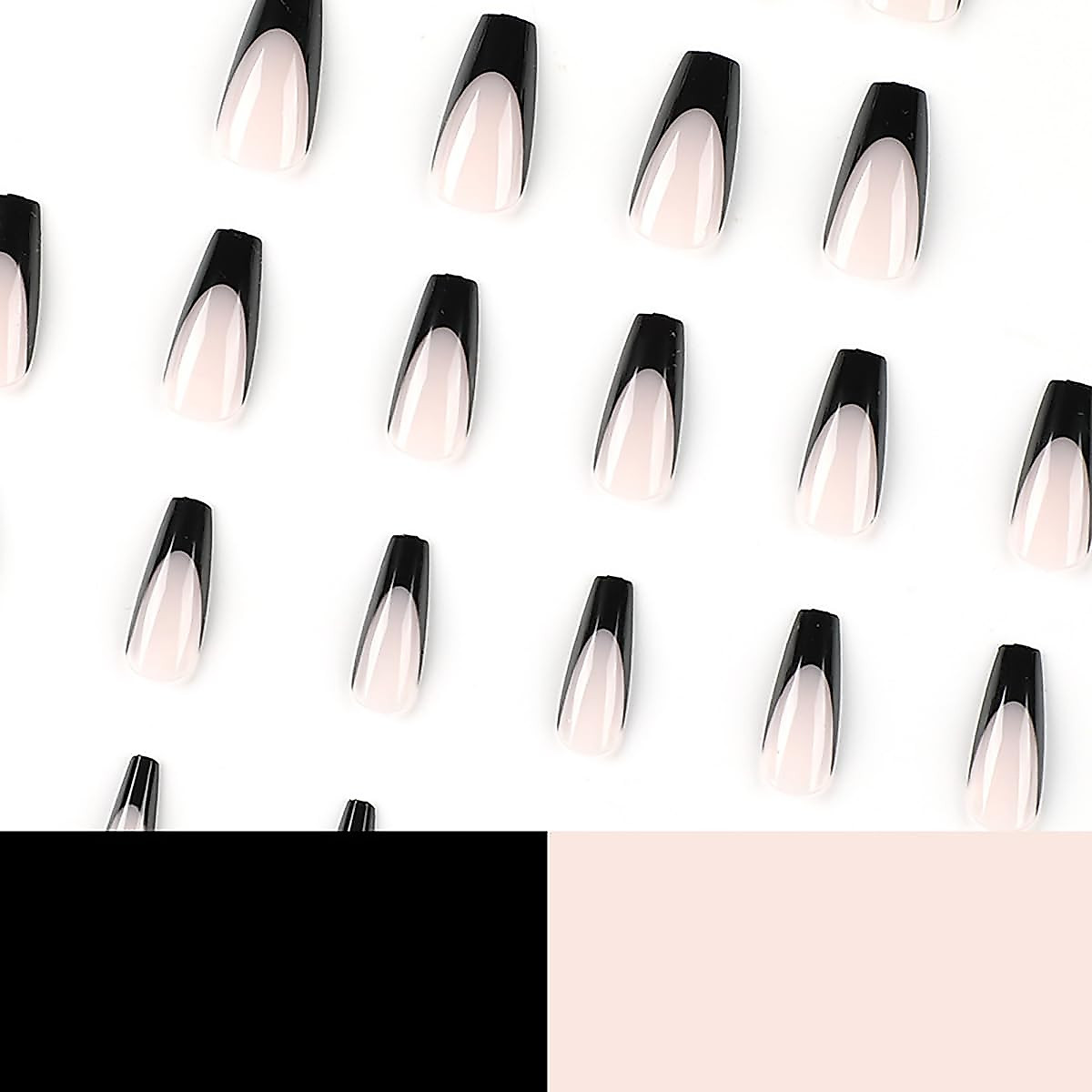 24Pcs Black French Tip Press on Nails Long Coffin Fake Nails with Glue Natural fit False Nails Full Cover Nail Tips Acrylic Artificial Glue on Nails Natural Reusable Stick on Nails for Women