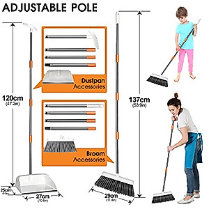 Broom and Dustpan Set,Upright Standing Dust Pans with 54" Stainless Steel Long Handle,Dustpan and Broom Combo for Home Kitchen Office Lobby Floor Cleaning,Outdoor/Indoor Household Brooms-White+Orange
