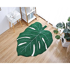 Poowe Monstera Non Slip Bath Mat or Kitchen Tufted Rug | Plant Leaf Shaped Kids Pets Floor Mat Carpet 17.7"×29.5"