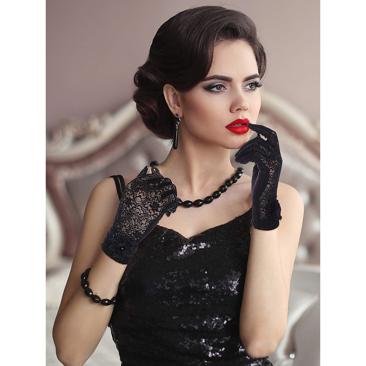 3 Pairs Women Lace Gloves Dress Gloves Floral Lace Gloves for Tea Party Wedding Dinner(Black, White, Skin Color)