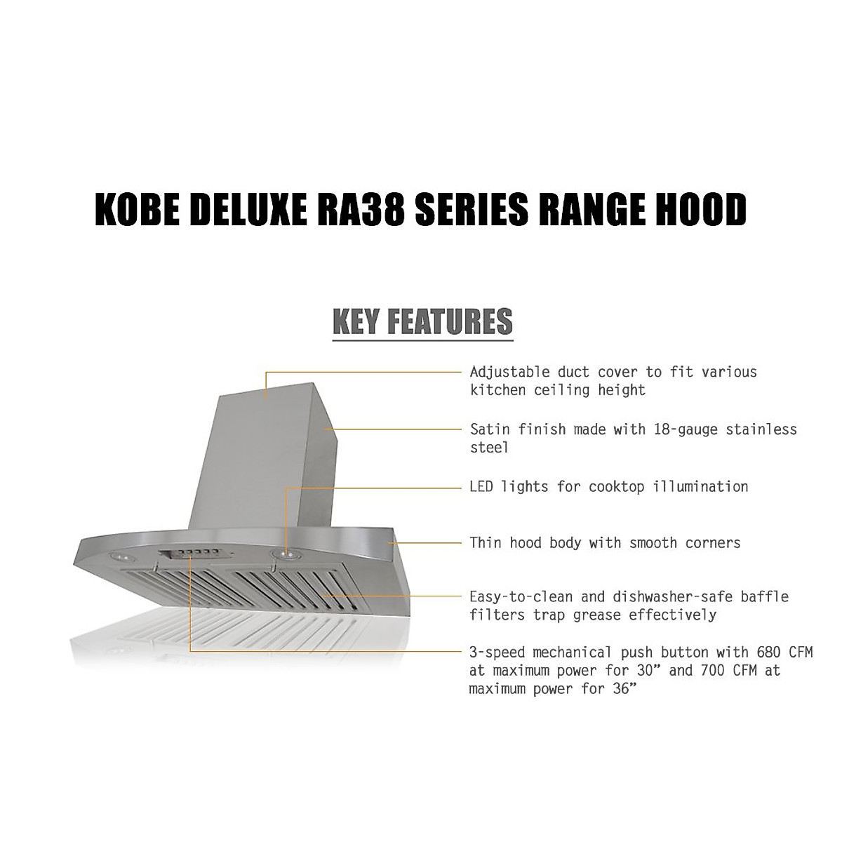 KOBE RA3836SQB-WM-5 Deluxe 36" Wall Mount Range Hood, 3-Speed, 700 CFM, LED Lights, Baffle Filters, Stainless steel