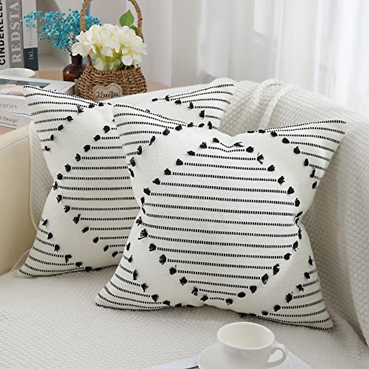 Mecatny Boho Throw Pillow Covers Black and Cream White Pillow Covers 18X18 Set of 2 Farmhouse Decorative Pillow Covers for Couch Sofa Living Room