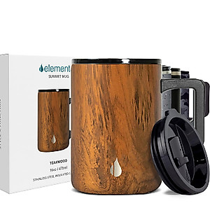 Elemental Summit Coffee Mug with Lid & Handle, Insulated Camp Mug, Triple Wall Stainless Steel Mug with Copper Lining, Hot and Cold Coffee Tumbler up to 6 Hours Hot and 18 Hour Cold, 16oz - Teakwood