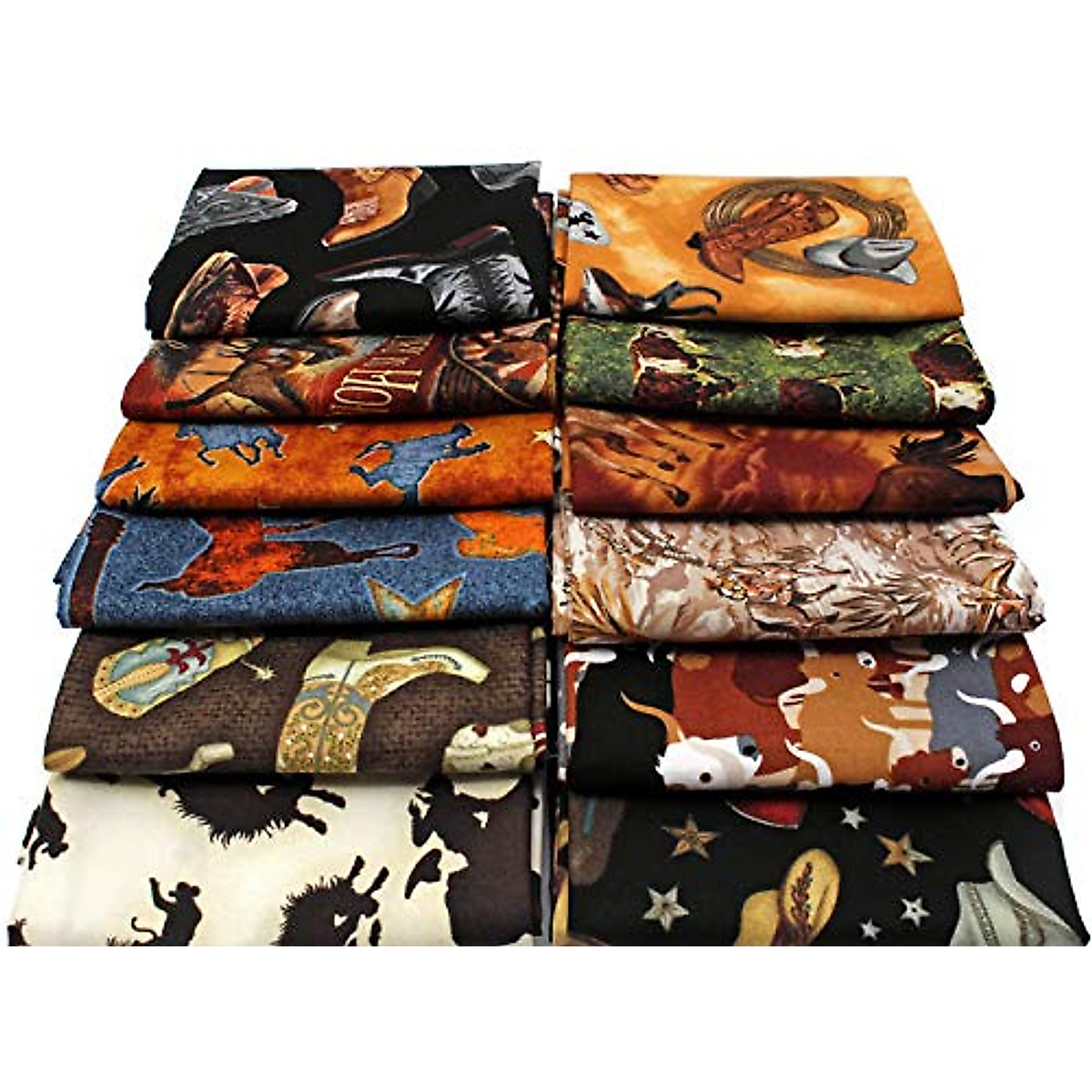 10 Fat Quarters - Assorted Western Cowboys Old West Out West Horses Rodeo Horse Lasso Boots Horseshoes Classic Quality Quilters Cotton Fabric Bundle M221.11