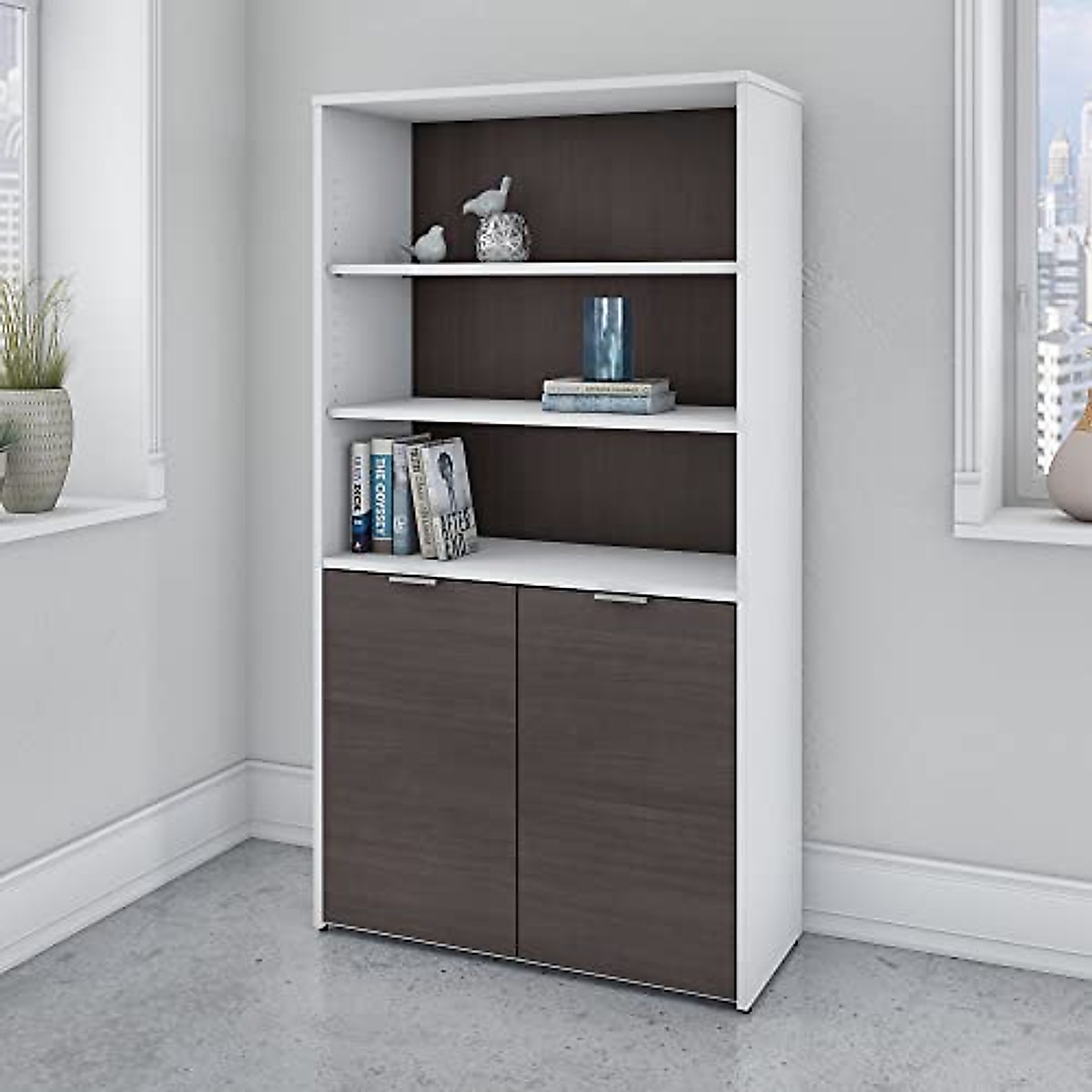 Bush Business Furniture Jamestown 5 Shelf Bookcase with Doors in White and Storm Gray
