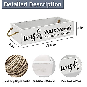 Msyueos Wash Your Hands Toilet Tank Basket Wooden Toilet Paper Basket Storage Box with 2 Sides Signs Toilet Basket Bathroom Decor Box Home Toilet Decor White Basket for Bathroom