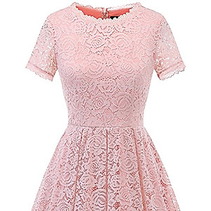 DRESSTELLS Elegant Wedding Guest Dress, Tea Length Mother of The Bride Dresses, Lace Bridesmaid Dress, Semi Formal Cocktail Dresses, Vintage Evening Party Formal Dress with Sleeves Blush XL