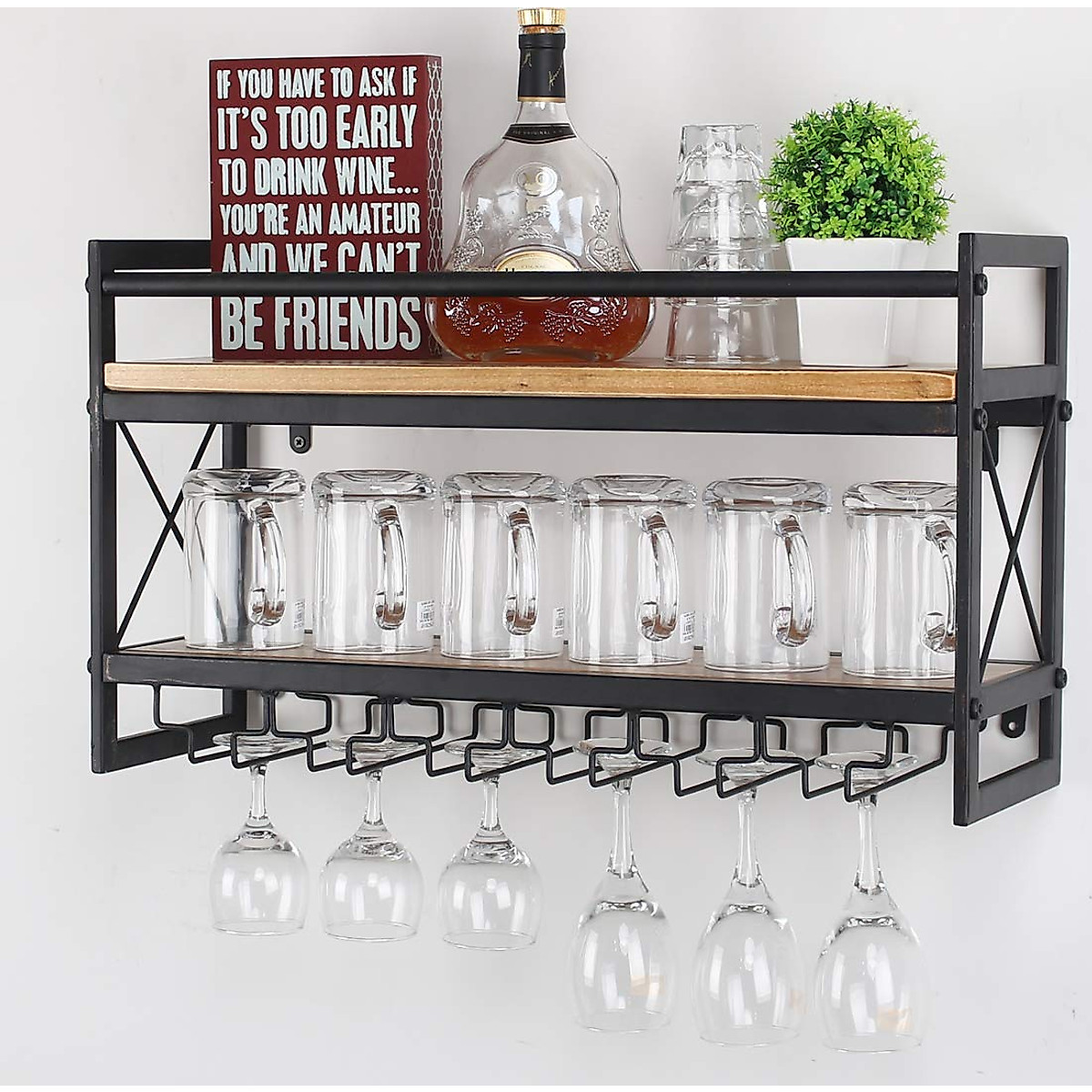 OISSIO Industrial Stemware Rack Wall Mounted,Wine Rack with Wood Shelves,2 Tier Stemware Storage with 6 Stem Glass Holder for Wine Glasses,Mugs,Home Decor,Black(24 inch)