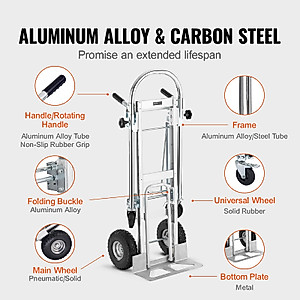 VEVOR Aluminum Folding Hand Truck, 4 in 1 Design 1000 lbs Capacity, Heavy Duty Industrial Collapsible cart, Dolly Cart with Rubber Wheels for Transport and Moving in Warehouse, Supermarket, Garden