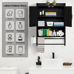 Bathroom Wall Cabinet, Wooden Medicine Cabinet Over the Toilet with Adjustable Inner Shelf, Wall Mounted Cabinet with Doors for Bathroom Storage, Hanging Cabinet for Wall with Towels Bar (Black)