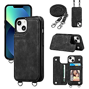ZTOFERA Wallet Case for iPhone 13,iPhone 13 Case with Crossbody Adjustable Strap Lanyard,Leather Card Holder Shockproof Protective Cover with Stand for iPhone 13,6.1 inch-Black