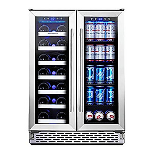 Phiestina Wine Cooler Beverage Refrigerator, 24” Beer Wine Fridge with Dual-Zone Digital Temperature Control, Glass Front Doors and Interior Lighting Holds 20 Bottles and 72 Cans on Removable Shelves