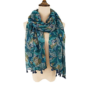 YOUR SMILE Large Boho Scarf for Women Lightweight Floral Printed Scarves Fall Winter Fashion Fringed Shawl wraps (01 Teal Leaves)