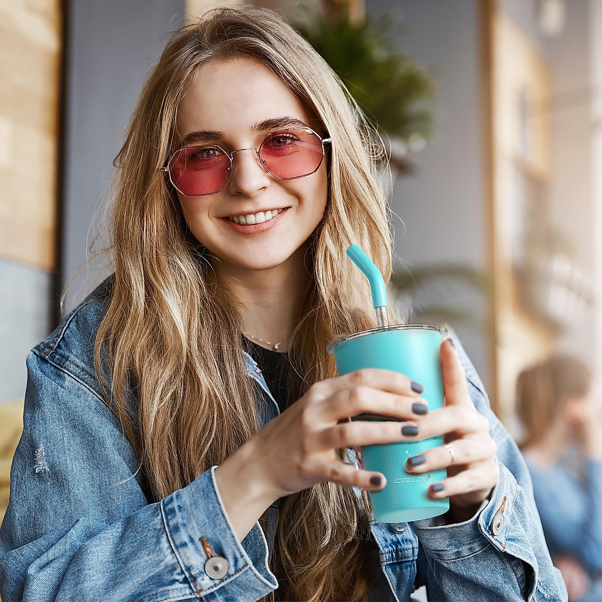 Ideus 14oz Stainless Steel Leak Proof Tumbler, Insulated Coffee Mug with Lid and Straw, Spill Proof Travel Coffee Cup, Double Wall Vacuum Flask for Adult Men and Women, Sky Blue