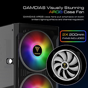 GAMDIAS Apollo E2 Elite Gaming Case Mid Tower ATX 2 x 200mm ARGB Fan Trapezoidal Tempered Glass Panel with Tool Free Installation Tempered Glass Window (Apollo E2 Elite) Black
