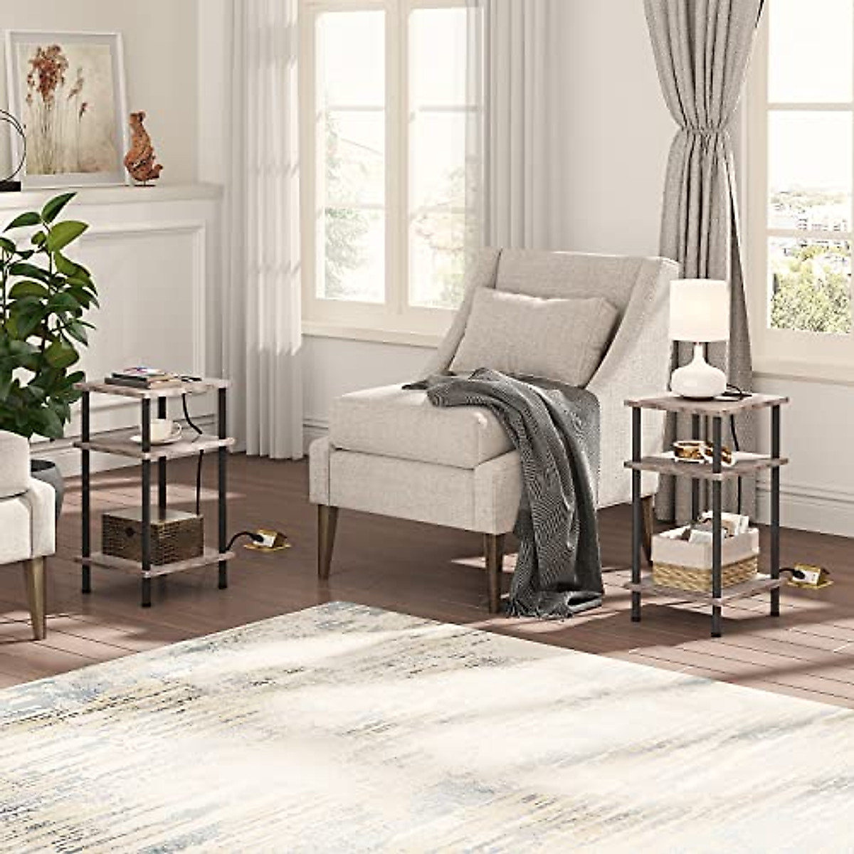 HOOBRO Set of 2 Side Tables with Charging Station and USB Ports, 3-Layer Stackable Nightstands, End Tables for Small Spaces in Bedroom, Living Room, Industrial Style, Greige and Black BG10UBZP201