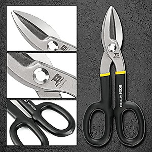B BOSI TOOLS 8 Inch Straight Pattern Tin Snips Metal Cutters, High Strength Forged and Heat Treated Carbon Steel with Comfortable Black Rubber Handle