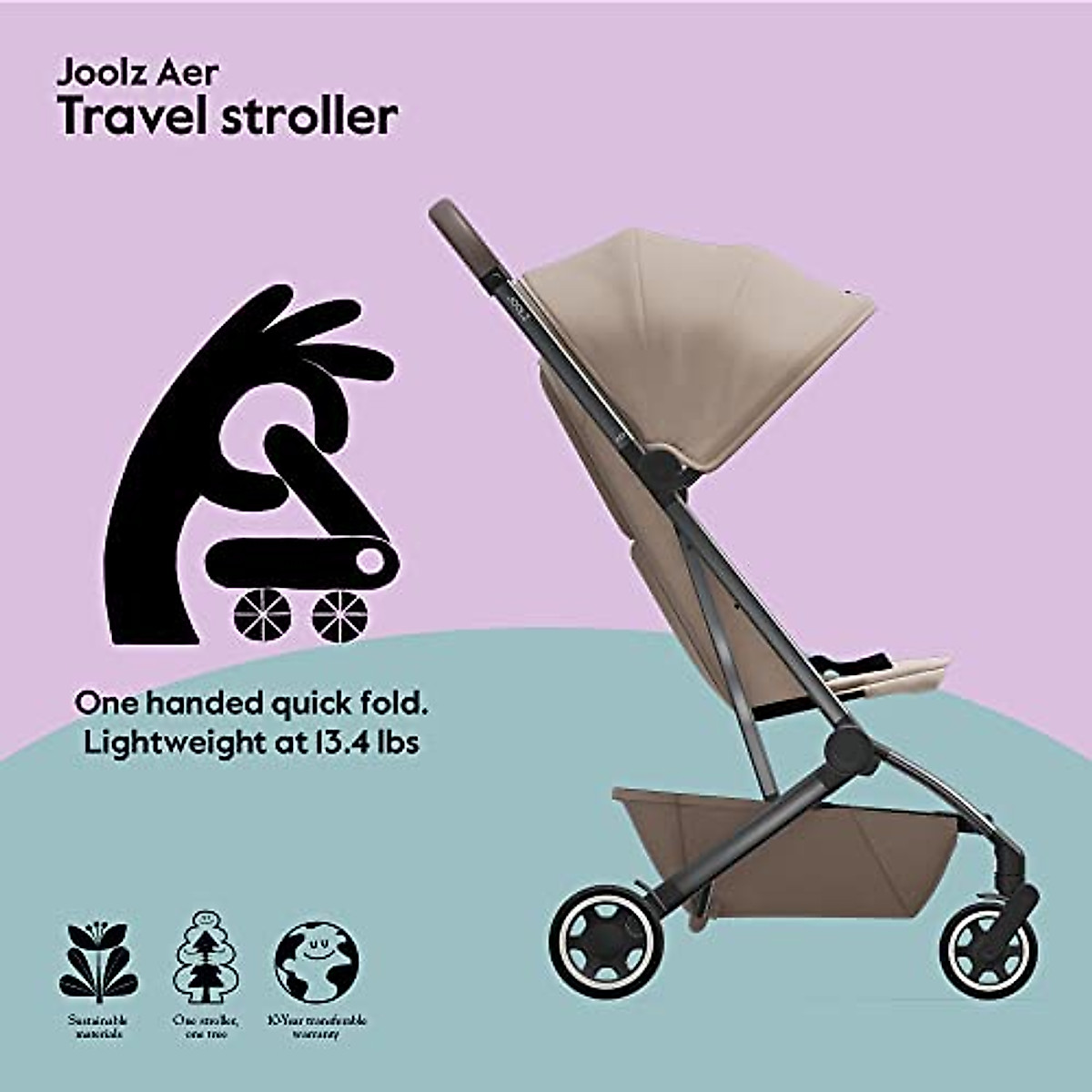 Joolz AER - Premium Baby Stroller - Comfortable & Compact - Foldable & Lightweight Travel Stroller - XXL Sun Hood - Raincover & Travelbag Included - Lovely Taupe