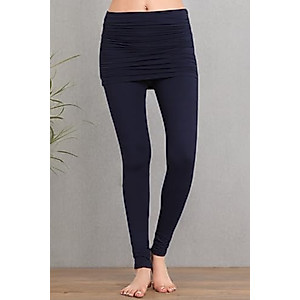 HEYHUN Womens Athleisure Ultra Soft Knit Foldover Ruched Skirted Yoga Leggings - Navy - XL