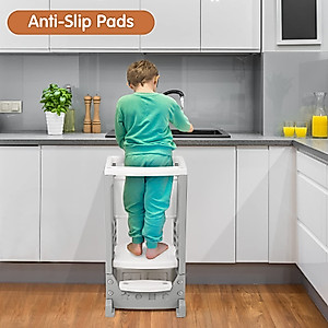 Toddler Tower - Toddler Standing Tower for Kitchen Counter & Sink, Kids Kitchen Step Stool Helper, Anti-tip Structure More Stable, with Dry Erase Board, Ages 18 Months to 5 Years (Grey)