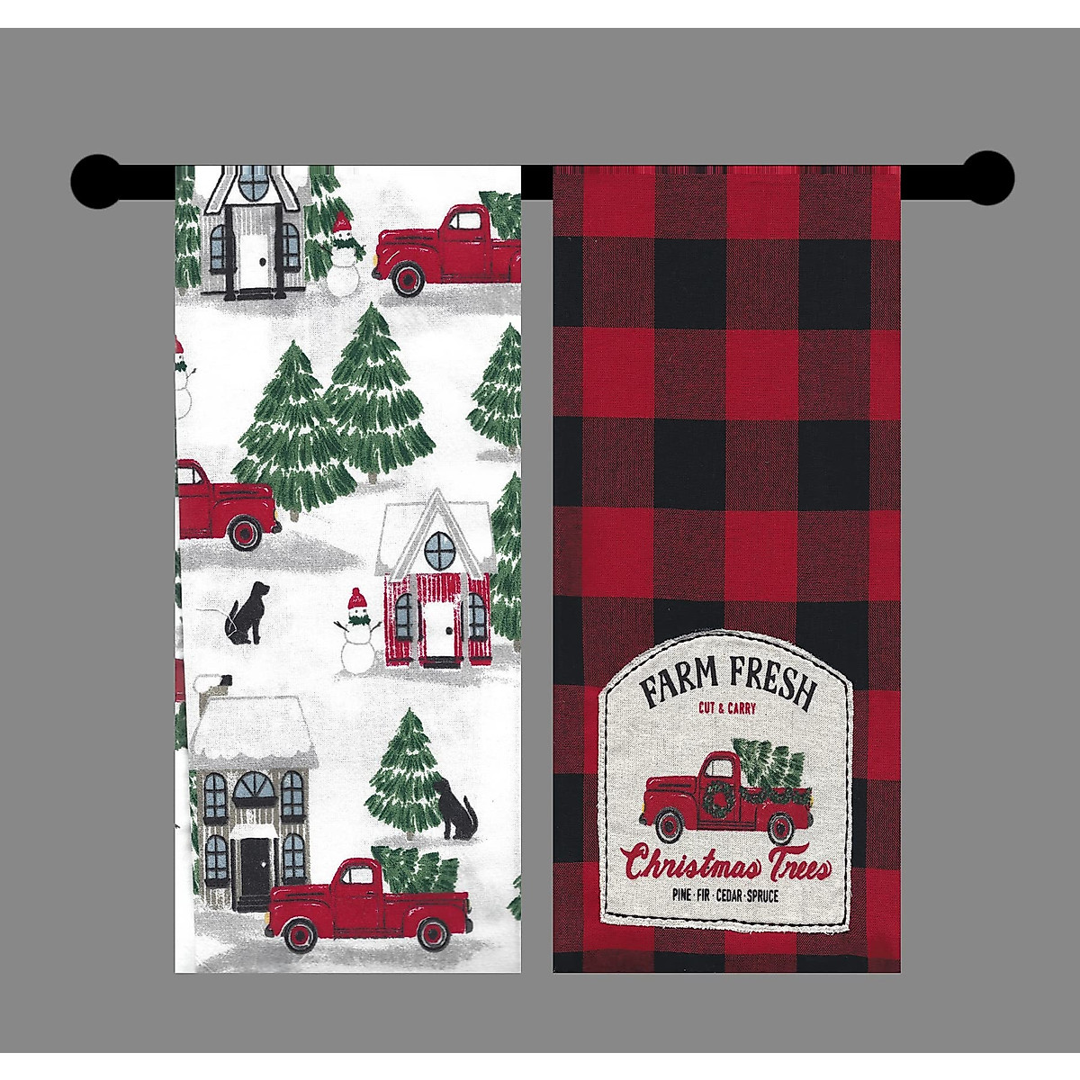 St. Nicholas Square Kitchen Hand Towels, Set of 2, Farm Fresh Christmas Trees Appliqued Embroidery Red Truck, Red and Black Buffalo Plaid Flat Cotton Dishtowels for Home Decorating