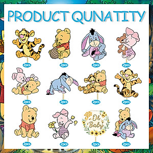 24 PCS Classic The Pooh Centerpieces Winnie Table Toppers On Sticks Cutouts for Winnie Baby Shower decorations Winnie Table Decorations Winnie Birthday Party Supplies